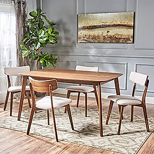 Christopher Knight Home Alma Mid-Century Wood Dining Set with Fabric Chairs, 5-Pcs Set, Natural Walnut / Light Beige