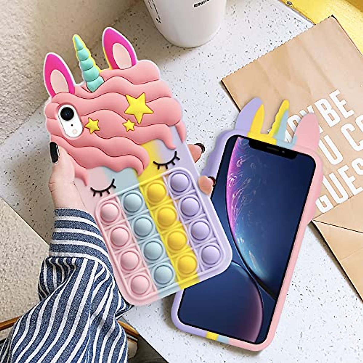HoneyAKE Fidget Toys Phone Case for iPhone XR Phone Case Bubble Bumper Protective Soft Silicone Shockproof Stress Reliever Pop Fun Phone Cover Shell Women Girls Case for iPhone XR 6.1 Inch, Rainbow