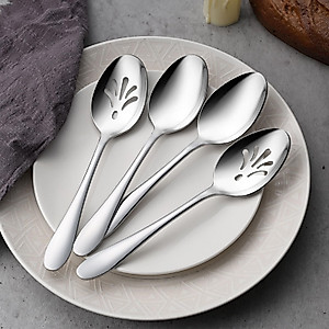 E-far Serving Spoons, 4-Piece Stainless Steel Serving Utensils Set - Solid Spoons x 2, Slotted Spoons x 2, Metal Hostess Serving Tablespoons for Catering Buffet Party Kitchen Restaurant