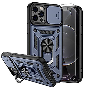 VEGO for iPhone 12 Case with Slide Camera Cover & Glass Screen Protector, iPhone 12 Pro Built-in 360° Rotate Ring Stand Magnetic Cover Case for iPhone 12 / iPhone 12 Pro 6.1 inch 2020 Released - Blue