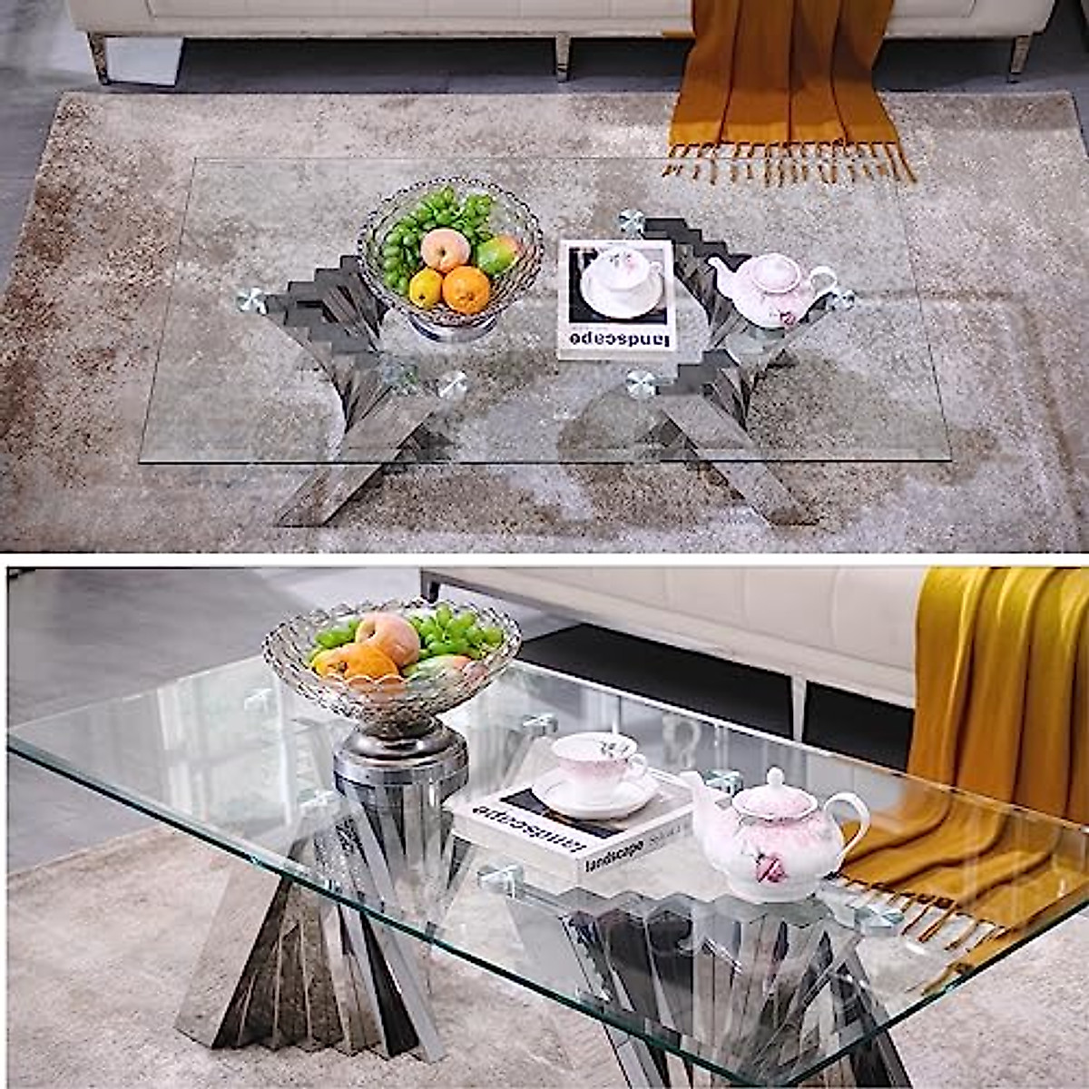 Anewsun Modern Coffee Table, Clear Glass Living Room Coffee Table with Silver Geometric Base