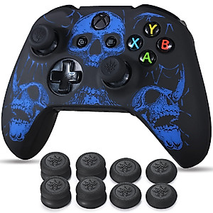 YoRHa Laser Carving Silicone Skin for Xbox One S/X Controller x 1(Skulls Blue) with Exclusive Thumb Grips x 8