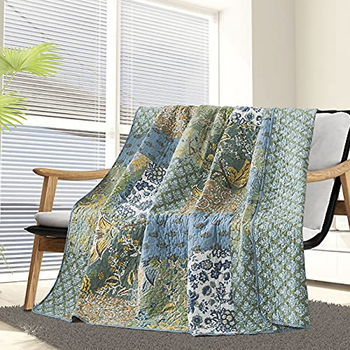 NEWLAKE Cotton Quilted Throw Blanket for Bed Couch Sofa, Reversible Matelasse Blanket with Real Stitched Embroidery,Green Farmhouse Garden,60X78 Inch