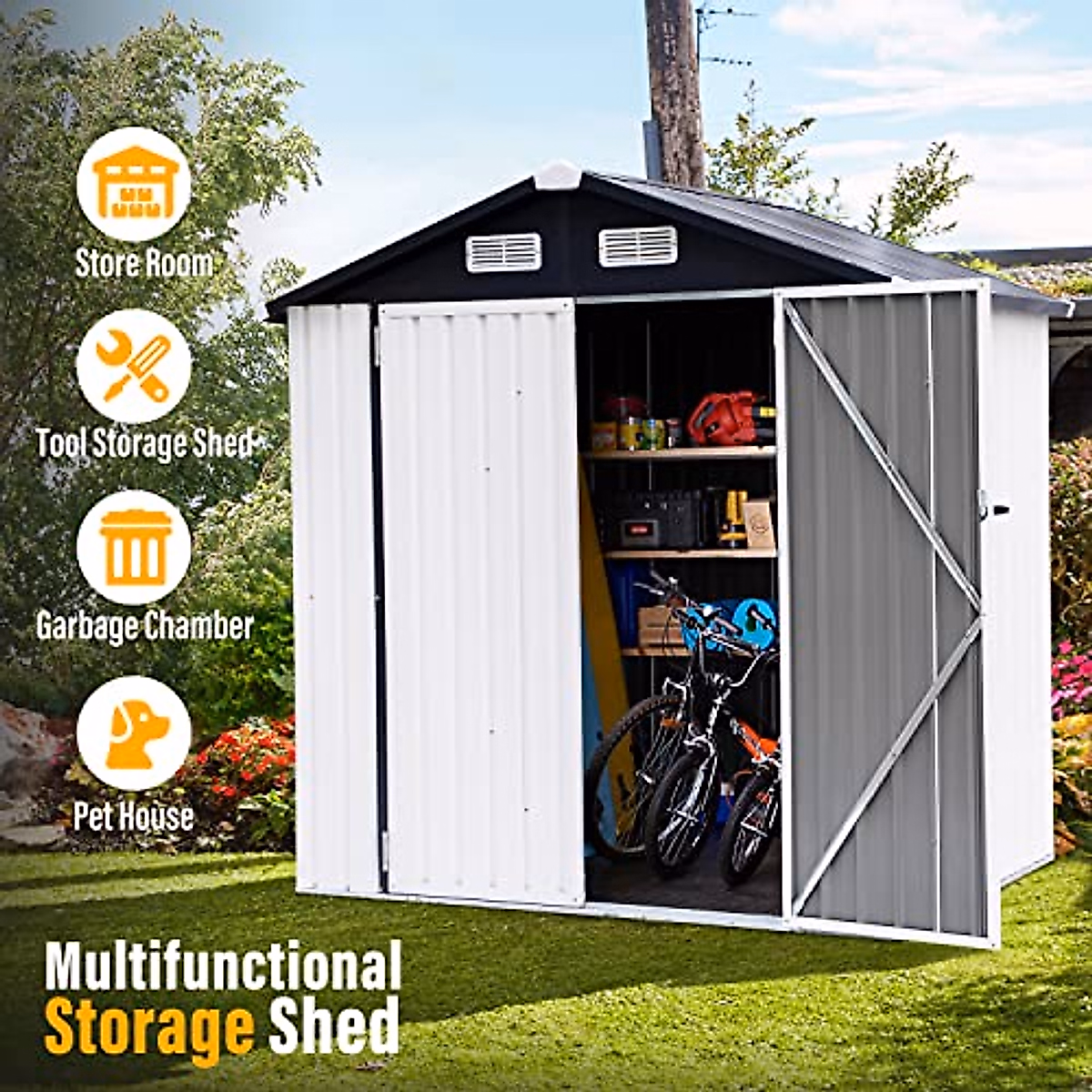 LAUSAINT HOME 6x4FT Outdoor Storage Shed, Large Waterproof Storage Tool Bike Sheds & Bulidings with Lockable Door for Backyard, Garden, Patio Lawn, Galvanized Steel, White