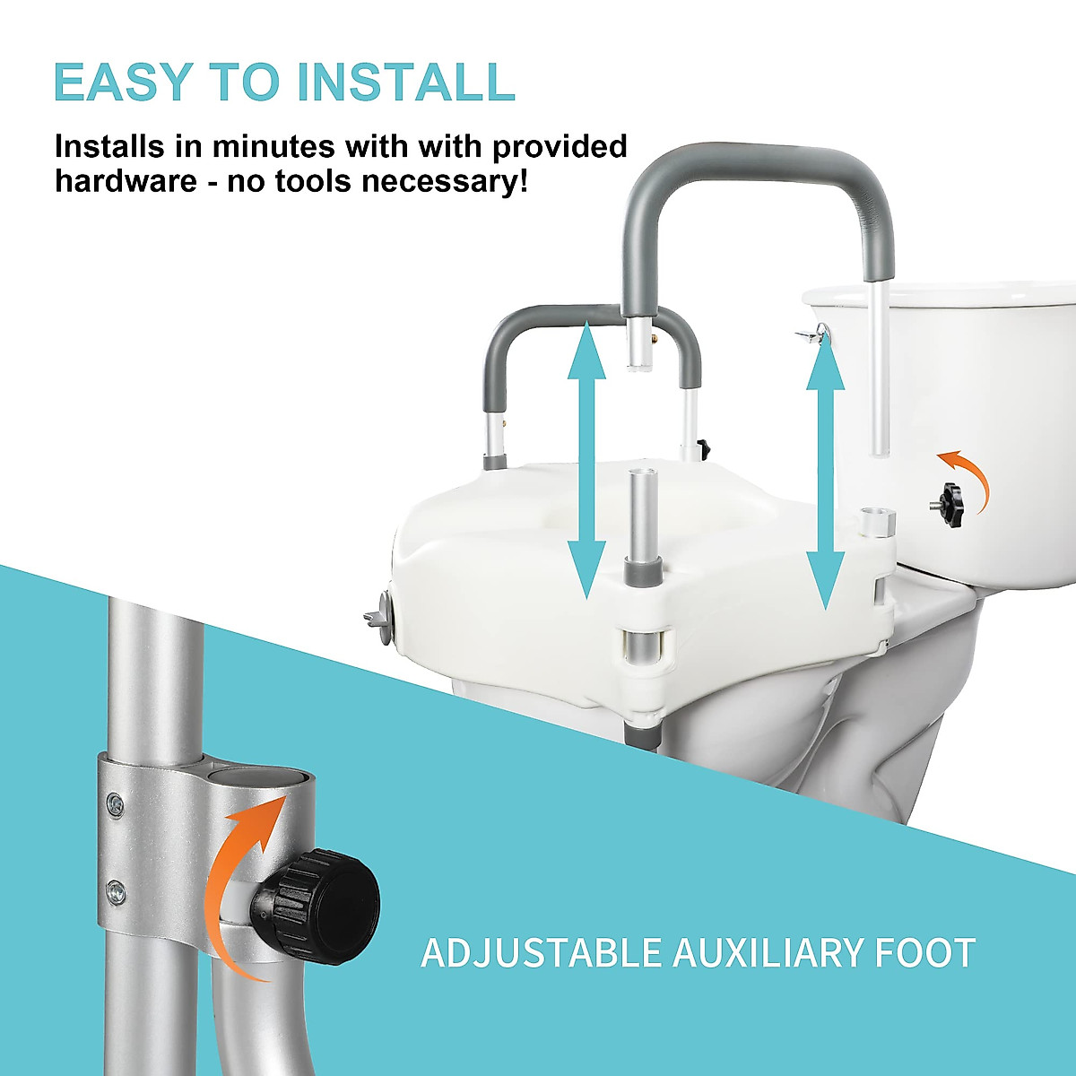 Raised Toilet Seat, Elevated Toilet Seat Riser with Handles Height Adjustable Legs for Elongated Standard Toilets 300 lbs Heavy Duty Bathroom Assist Safety Commode Frame White