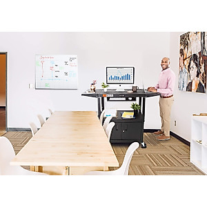 Line Leader Large AV Cart with Locking Cabinet & Drop Leaves, Rolling Height Adjustable Utility Cart with Pullout Laptop Keyboard Tray & Cord Management, Narrow Mobile Workstation (Black, 54 x 18)