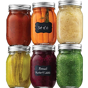 16oz Glass Mason Jars with lids Set of 6 - Airtight Band + Marker & Labels - Canning Jars with Lids, Ideal for candle jars, Spice Jars, Wedding Favors, Meal Prep, Jelly Jar, Jam, Honey,