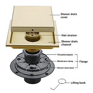 4 Inch Gold Shower Drain, SUS304 Stainless Steel Square Bathroom Floor Drain with Flange Reversible 2-in-1 Cover Insert Tiles for Filtering, Brushed Gold