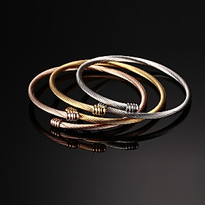 HUANIAN Stainless Steel Triple 3 Stackable Cable Wire Twisted Cuff Bangle Bracelet for Women, Gold/rose/silver