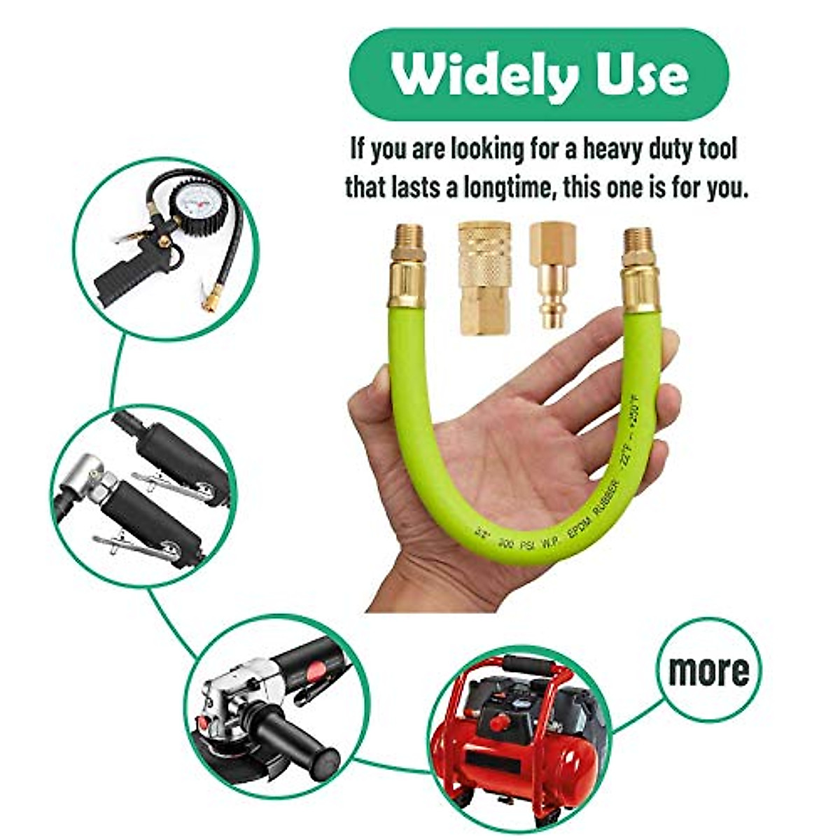 Minimprover 3/8" x 12 Inch Heavy Duty Short Air Compressor EPDM Rubber Hose 300 PSI: 1/4" Male NPT to 1/4" Male NPT Connections With Quick Coupler Brass Fitting