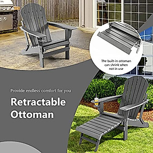 Giantex Folding Adirondack Chair, HDPE Patio Chairs Fire Pit Lounge Chair W/Retractable Ottoman & Cup Holder, Weatherproof Outdoor Adirondack Chairs for Porch, Garden, Backyard (2, Gray)