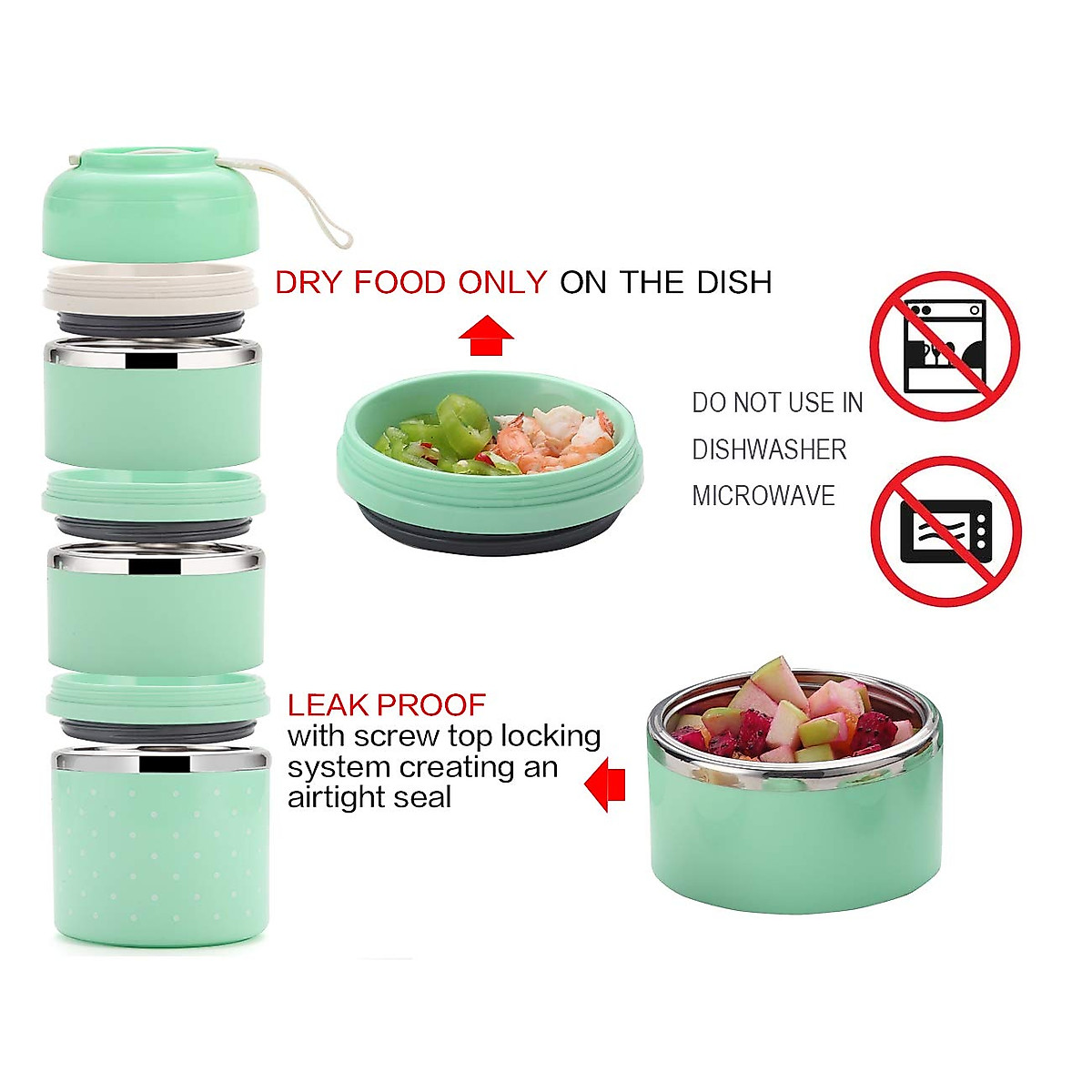 WORTHBUY Stackable Bento Lunch Box Thermal Containers for Hot Food Stainless Steel Leakproof Food Storage Containers with Insulated Lunch Bag for Adult and Office (Green, 3-Layer)