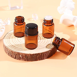 HWASHIN 100 Pack 2ml (5/8 Dram) Amber Mini Glass Essential Oils Sample Bottles with Black Caps for Essential Oils, Perfumes & Lab Chemicals (30ml Measuring Cup and 5 Droppers Included)