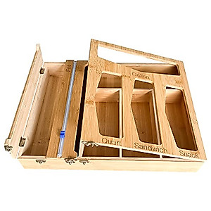 Bamboo Ziplock Bag Organizer for Drawer- 2 in1 Ziplock Bag Storage Organizer with Foil and Plastic Wrap Organizer- Ziplock Bags Organizer Compatible with Gallon, Quart, Sandwich, and Snack Bags