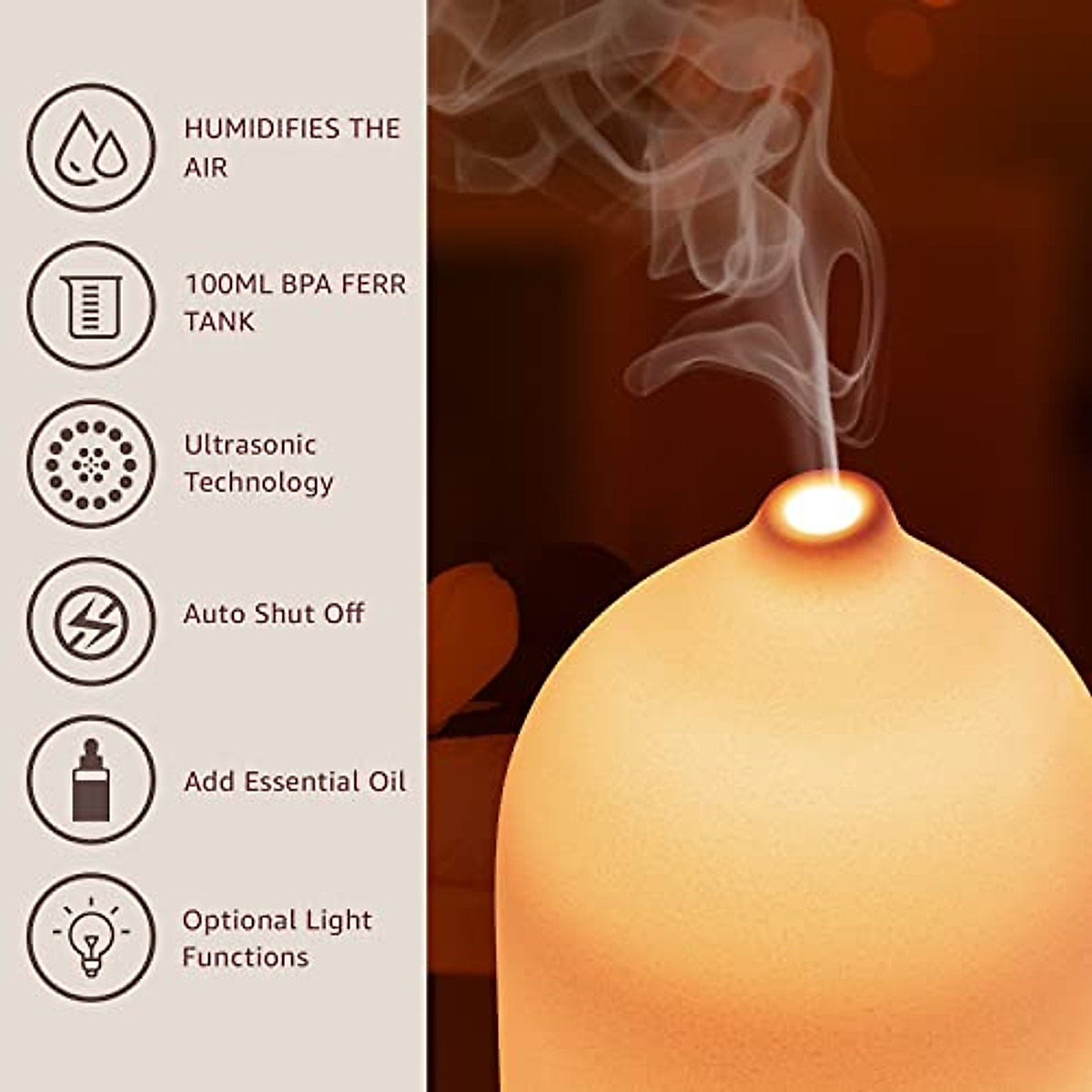 Gooamp 100ML Ceramic Diffuser,Aromatherapy Diffuser,Essential Oil Diffuser with 7 Color Lights Auto Shut Off for Home Office Room,Wood Grain Base (0.5/1/2/ON hrs Working time)