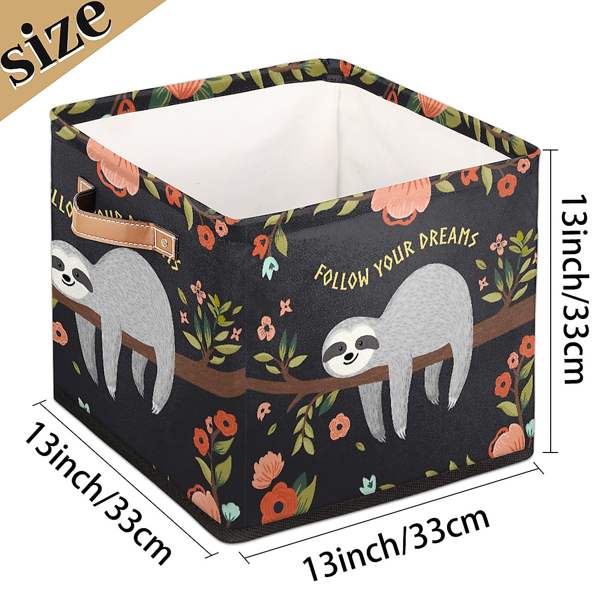 AUUXVA Follow Your Dream Quote Storage Basket for Closet, Cute Sloth Storage Bins with Handles, Foldable Storage Cube Boxes for Toys Shelves Pantry Nursery Organizing