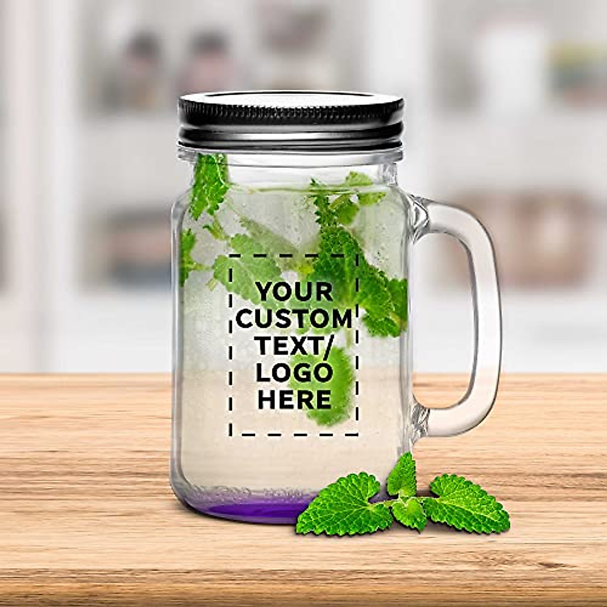 10 Libbey Handle Mason Jars with Lids Set, 16 oz. - Personalized Text, Logo - Traditional style, Drinking, Glassware - Purple