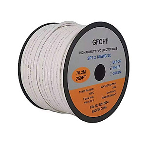 GFQHF 250FT White SPT-2 Zip Cord Wire 18/2 Extension Electrical Cable, UL Listed 18 Gauge Wire, Work with SPT-2 Vampire Plug