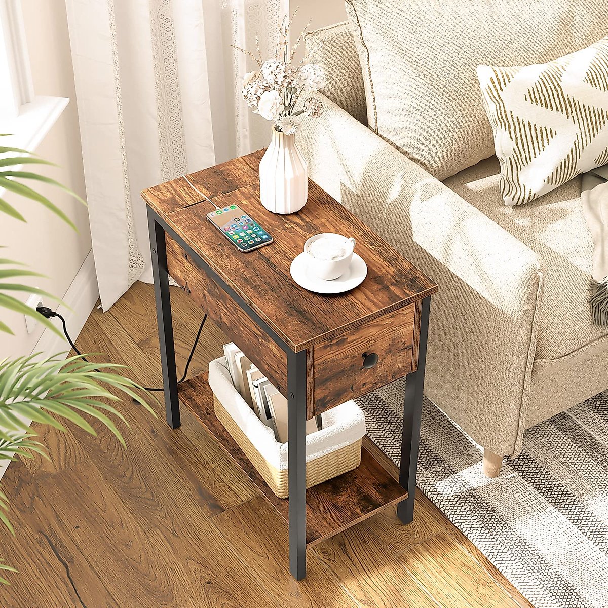 HOOBRO End Table with Charging Station, Set of 2 Narrow Side Table, Small Nightstand, Bedside Table with Drawer and Storage Shelves, for Small Spaces, Rustic Brown and Black BF041BZP201