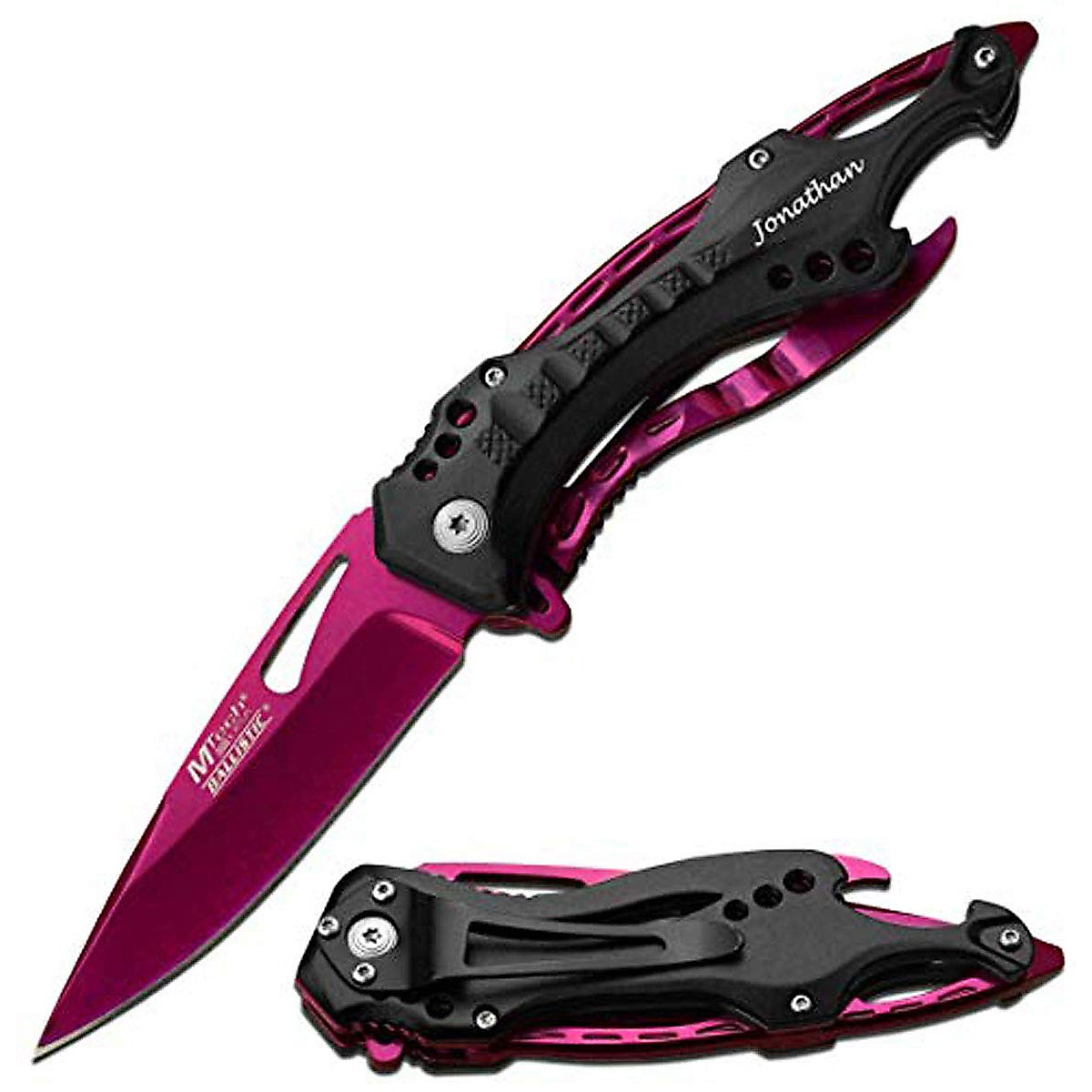 Personalized Laser Engraved Pocket Knife, Fathers Day, Groomsmen Gift, Graduation Gifts, Gifts for Men Free Engraving. (Magenta)