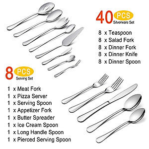 Silverware Set with Serving Pieces, LIANYU 48-Piece Flatware Set Service for 8, Stainless Steel Cutlery Eating Utensils, Mirror Finish, Dishwasher Safe