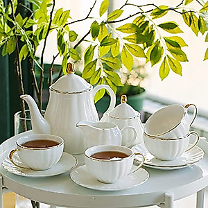 BTaT - Classic tea set, 13 pcs, Tea Cups (7oz), Tea Pot (32oz), Creamer and Sugar Set, Porcelain Tea Set, White Tea Set, Tea Pot Sets with Cups, Coffee Serving Set, Mother's Day Gift