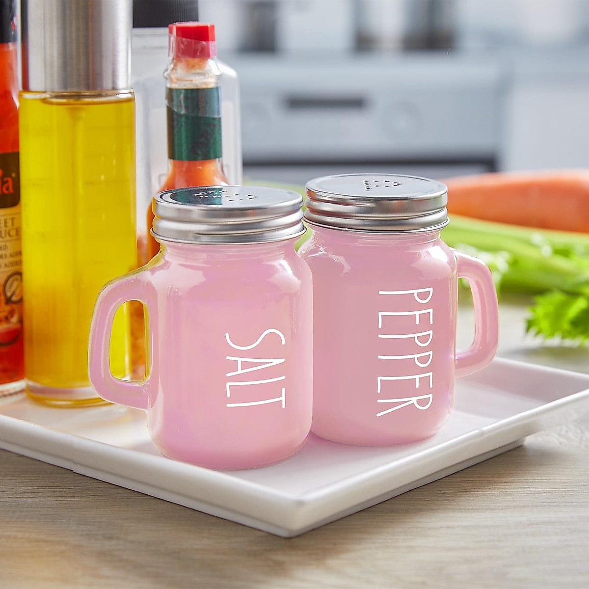 Pink Salt and Pepper Shakers Set - Pink Kitchen Accessories - Pink Kitchen Decor - 4 oz Glass Salt and Pepper Set for Cooking Table, RV, BBQ, Easy to Clean & Refill