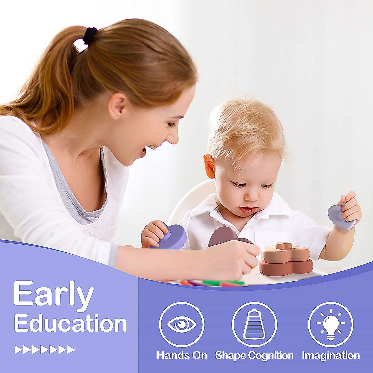 Baby Silicone Stacking & Nesting Toys, Christmas 6 pcs Heart Building Stacker Blocks Tower, Soft Chew Natural Teether Montessori Toys, 6+ Months Toddler Boys & Girls Early Education Learning