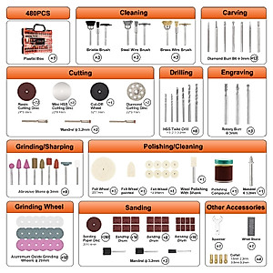 480Pcs Rotary Tool Accessories Kit, GOXAWEE 1/8 inch Shank Rotary Tool Accessory Set, Multi Purpose Universal Kit for Cutting, Drilling, Grinding, Polishing, Engraving & Sanding