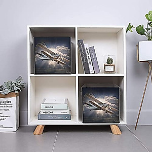 Retro Style Biplane PU Leather Collapsible Storage Bins Canvas Cube Organizer Basket with Handles