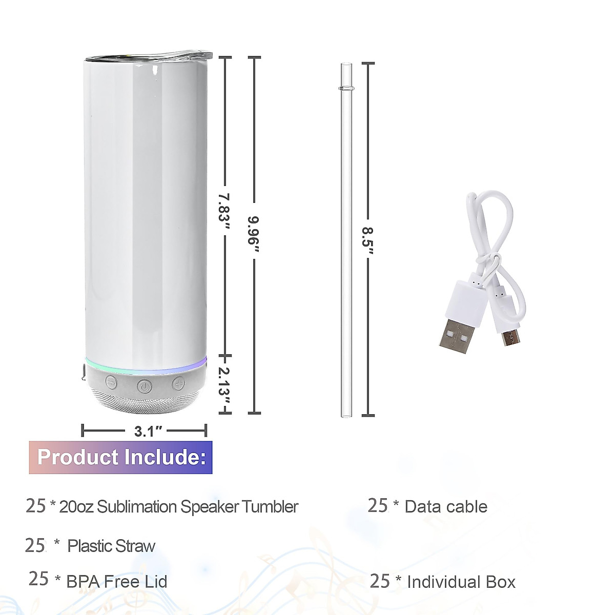 Icesip 25 Pack Music Speaker Tumbler, 20 oz Sublimation Tumbler Skinny Straight Double Wall Music Speaker Cup with Straw Lid & USB Charging Cable Grey