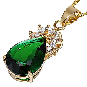 RIZILIA Pendant with 18" Chain & Pear Cut CZ [Simulated Green Emerald] in Yellow Gold Plated, Simple Modern Elegant