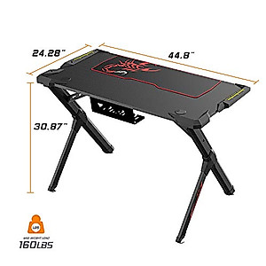 DESIGNA Gaming Desk with LED Lights, 44.8 inch Home Office Computer Desk with Free Mouse Pad, Ergonomic E-Sport Style Gamer Desk with USB Handle Rack, Cup Holder & Headphone Hook,Black