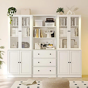 TUSY 71" Bookshelf Bookcase, 3-Tier Modern Bookshelves 3 Large Drawer, Wood Filing Cabinet with Open Storage Shelf, Glass Doors 5-Tier Fixed Storage Shelves for Home Office