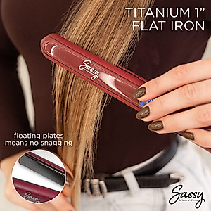 Sassy 1” Titanium Flat Iron, Adjustable Heat Hair Straightener with Ion Generator, Liquid Crystal Display with 10 Temperature Settings (Maroon)