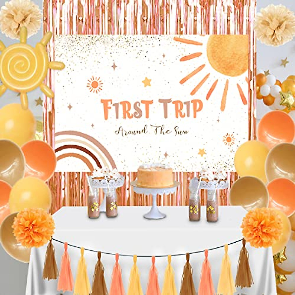 First Trip Around the Sun Birthday Decorations Boho Sun First Birthday Party Banner Cake Decorating Dessert Table Background Good for First Birthday Baby Shower Party Supplies