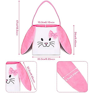 NUFR 2 Pcs Easter Bunny Basket Egg Bags, Easter Rabbit Canvas Tote Bag with Handle and Fluffy Ears for Kids Boys Girls, Easter Bunny Bag Bucket for Eggs Hunting, Candy, Pink+Blue
