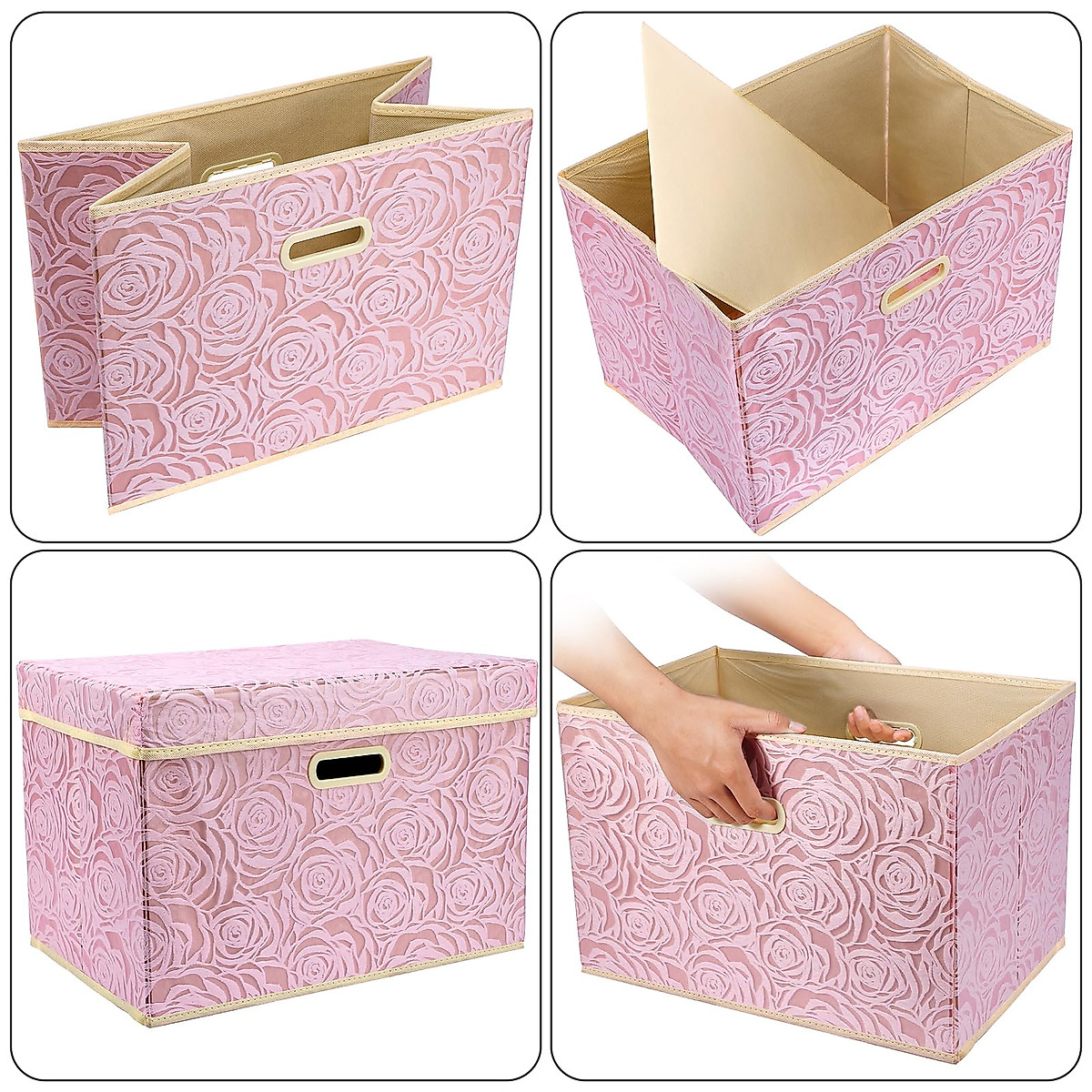 Fassave Foldable Storage Bins with Lids, 2 Packs Fabric Storage Container Basket Cube with Handles for Office, Bedroom, Closet (Medium-2 Pack, Pink Pattern)