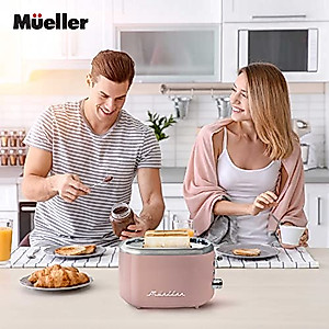 Mueller Retro Toaster 2 Slice with 7 Browning Levels and 3 Functions: Reheat, Defrost & Cancel, Stainless Steel Features, Removable Crumb Tray, Under Base Cord Storage, Pink