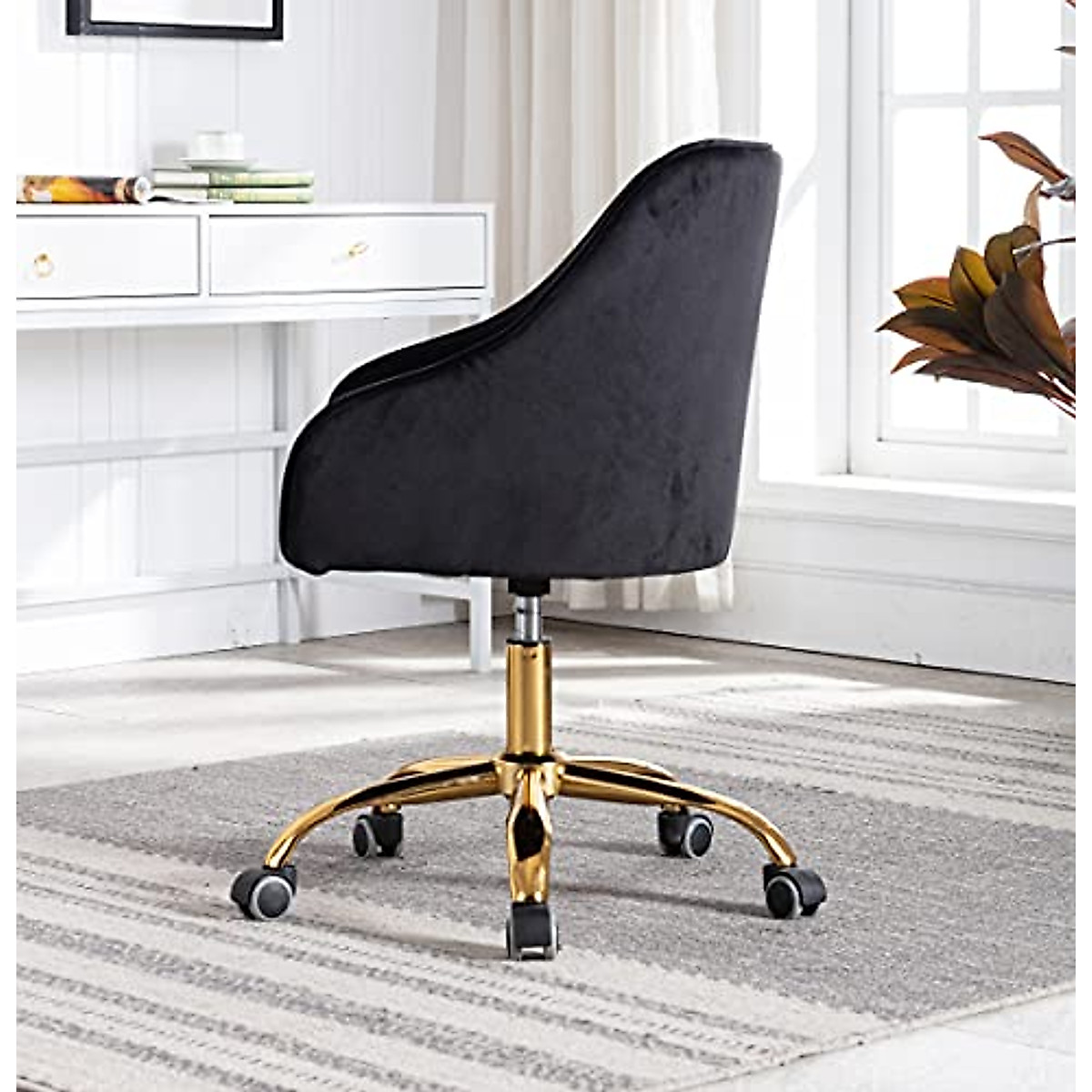 Danxee Desk Chair Modern Swivel Accent Velvet Office Chair, Adjustable Armchair with Gold Base, Modern Leisure Arm Chair for Living Room/Bed Room (Black)