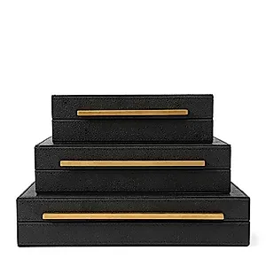 Kingflux Faux Black Shagreen Leather Set of 3 Pcs Decorative Boxes, Storage Boxes Jewelry Organizer, Men's Accessory Organizer (Black)
