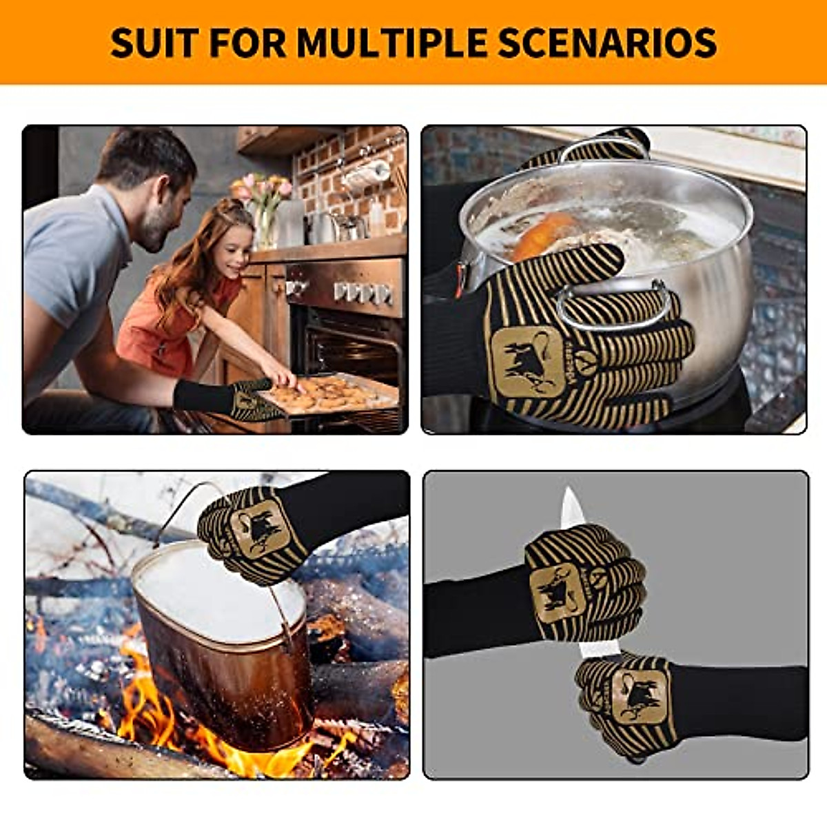 BBQ Gloves (Taurus Pattern) with Gifts Box, 1472℉ Heat Resistant Grill Cooking Oven Mitts for Men/Women, Cut Resistant, Extra Long Cuff, Heat Proof Non-Slip Grilling Silicone Cover