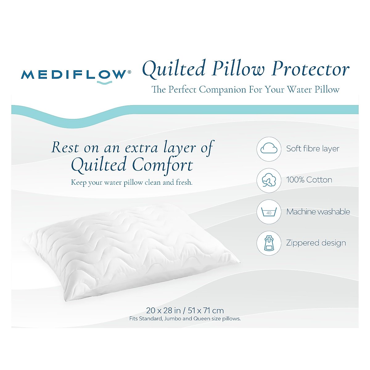 Mediflow Quilted Pillow Protector: Get Zippered Protection from dust and allergens and add a Layer of Luxury and Comfort to Any Pillow White 1'8" x 2'4"