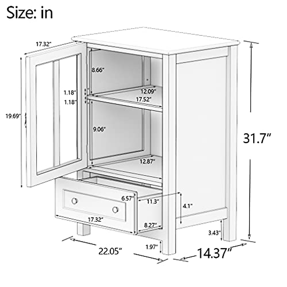 Knocbel Modern Storage Cabinet with Metal Handles, Single Glass Door, Compartments and Drawer, Buffet Sideboard for Kitchen Dining Room Hallway Entryway, 22" L x 14.4" W x 31.7" H (White)