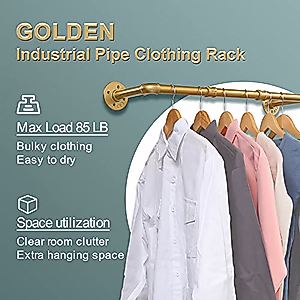 Industrial Pipe Gold Clothing Rack, 30 Inch Wall Mounted Golden Clothes Rack, Industrial Pipe Clothes Hanger Rack, Iron Golden Pipe Clothes Hanging Bar, Heavy Duty Metal Rod for Retail Display Laundry