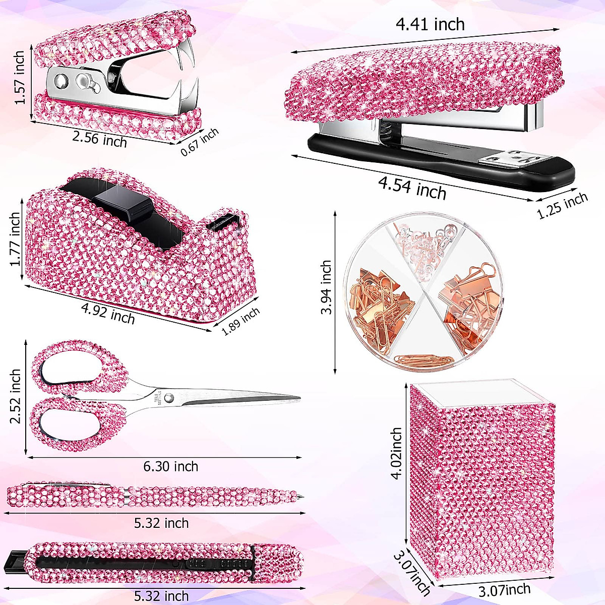 10 Pcs Bling Office Accessories for Desk Bling Crystal Office Supplies Set Desk Accessory Kit Glitter Stapler Staple Remover Tape Dispenser Diamond Pen Scissors for Women Office Home Desk (Pink)