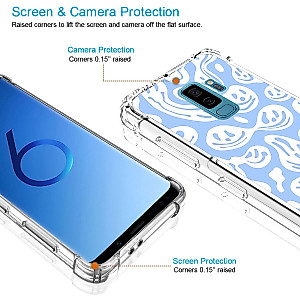 zaztify Phone Case for Samsung Galaxy S9 Plus, Pastel Light Blue White Funny Trippy Dripping Smile Melted Hippie Smiling Skull Ghost Face Cute Shockproof Protective Clear Cover Shell