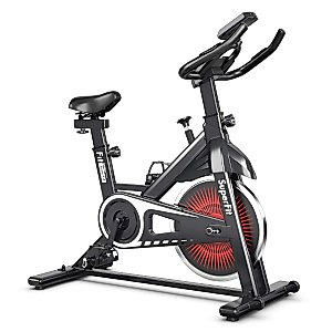 Goplus Indoor Cycling Bike, Silent Belt Drive Exercise Bike Stationary Bicycle with Steel Flywheel, Phone Holder, Adjustable Seat and Handlebar, LCD Monitor, Heart Rate Monitor (Black + White)