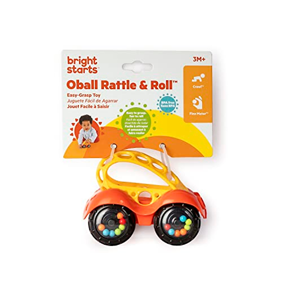 Oball Easy Grasp Rattle & Roll BPA-Free Push Car Infant Crawling Toy and Teether, 1 Pack, Age 3 Months and up, Color May Vary