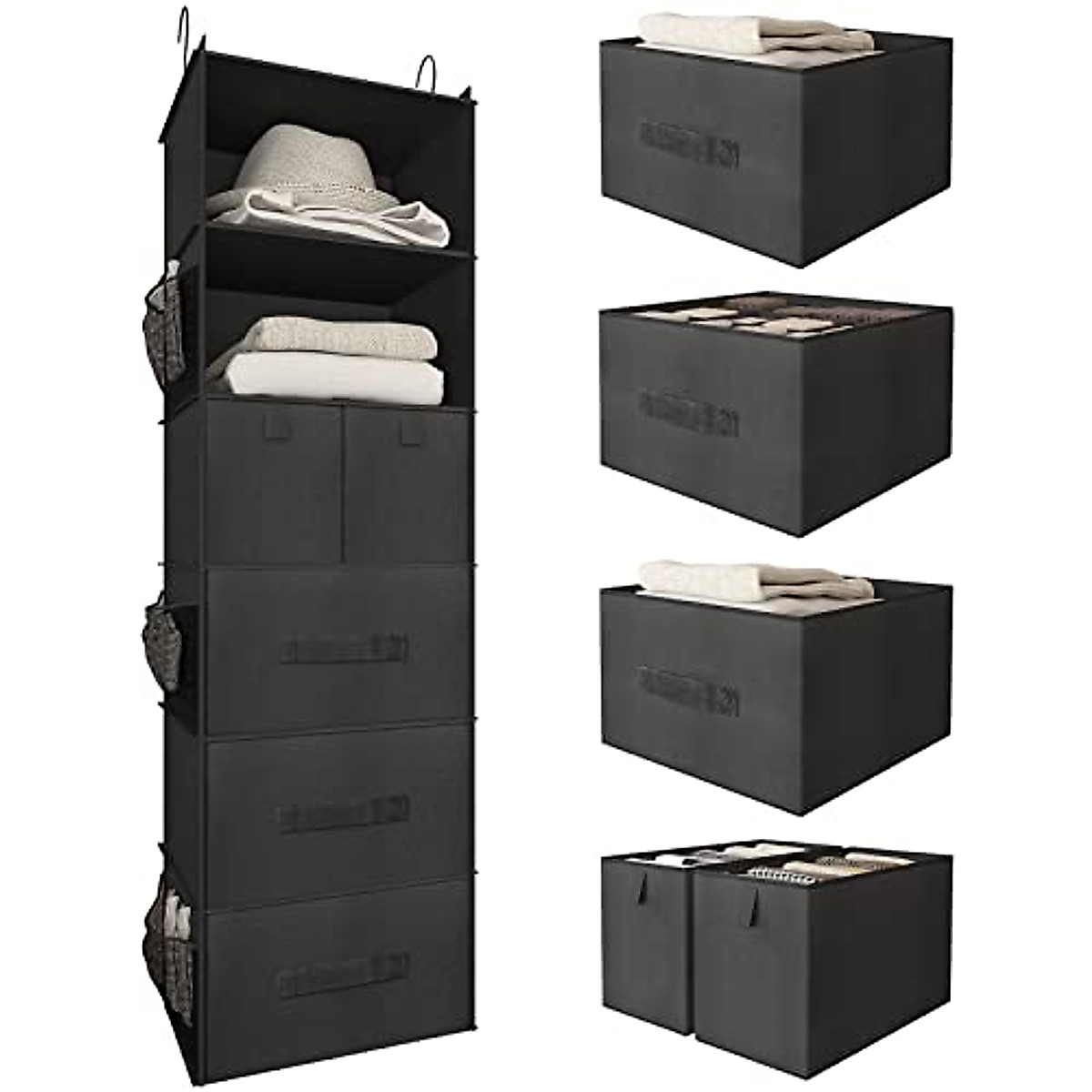 Bosuelife 6-Shelves Hanging Closet Organizer with 5 Different Drawers, Foldable Closet Organizers and Storage for Wardrobe, Closet& RV, Clothes and Accessories Storage, Non-Woven Fabric, Black